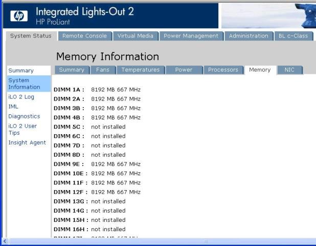 Figure 1: ProLiant BL685c G6 server Memory Information via iLO 2.